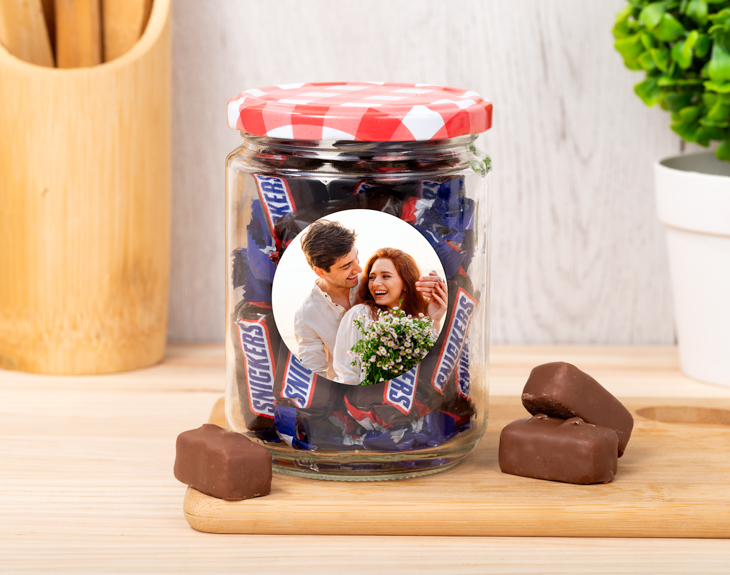 Bote de cristal Snickers con foto