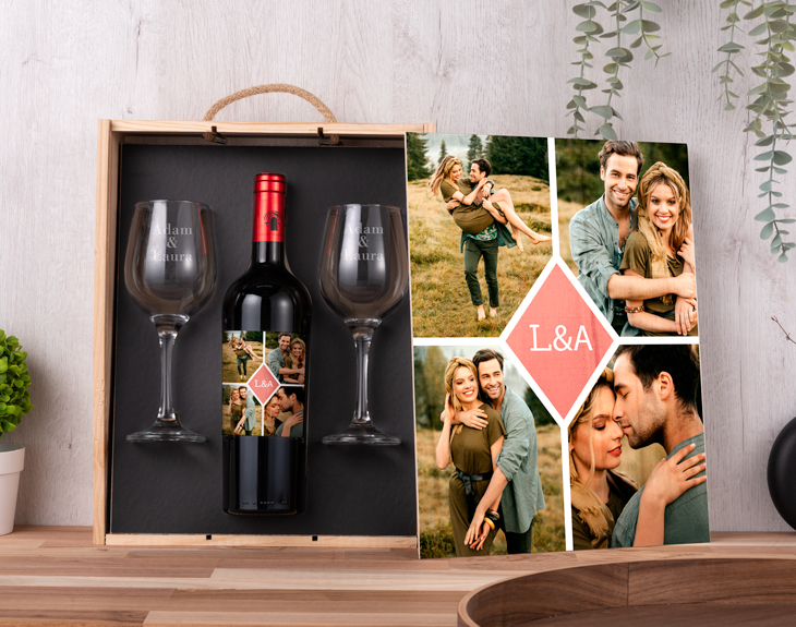 Coffret avec bouteille de vin et verres personnalisés "Collage Losange ...