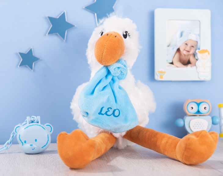 Cigüeña azul pequeña con saquito personalizado - Regalo Original